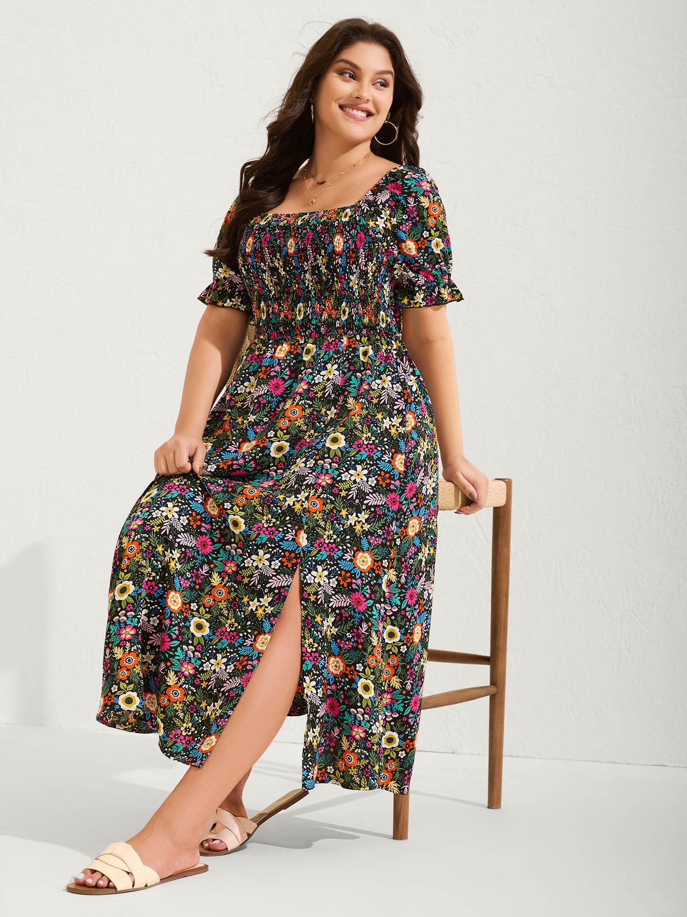Shirred Stretchy Waist Floral Midi Dress – BloomChic-UK